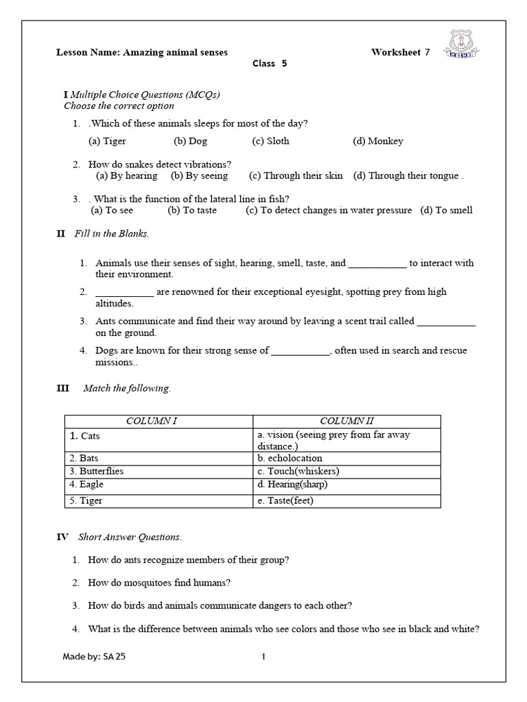Class 5 Animal Senses Worksheet | PDF
