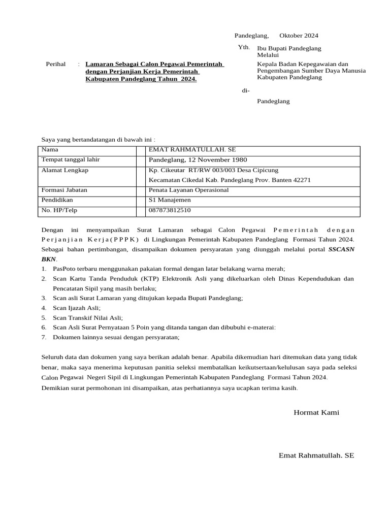 Contoh Surat Lamaran PPPK 2024. | PDF