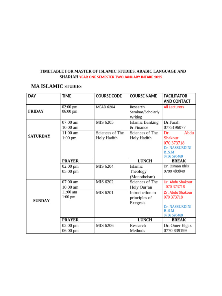 Ma Timetable Sem2 August 2025 Fisal - Jan Intake | PDF | Sharia | Hadith