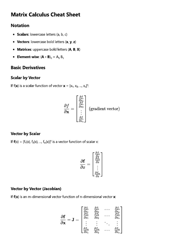Matrix Calculus Cheat Sheet | PDF