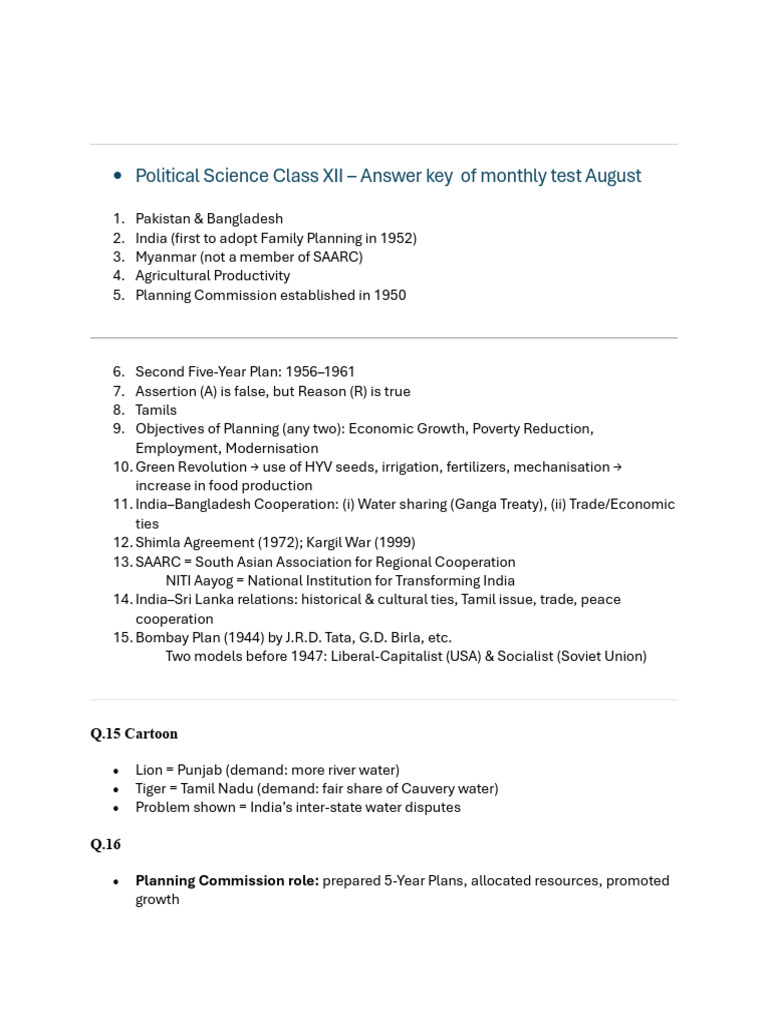 Political Science Class XII - Answer Key of Monthly Test August | PDF