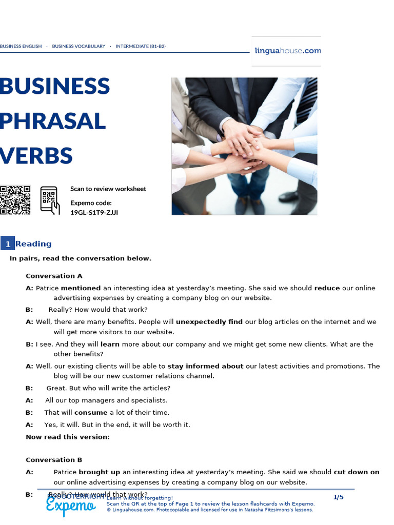 Business Phrasal Verbs American English Teacher | PDF | Linguistics ...