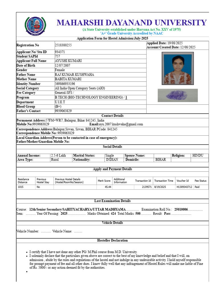 Hostel Print Application Form (MDU) | PDF | Justice | Crime & Violence
