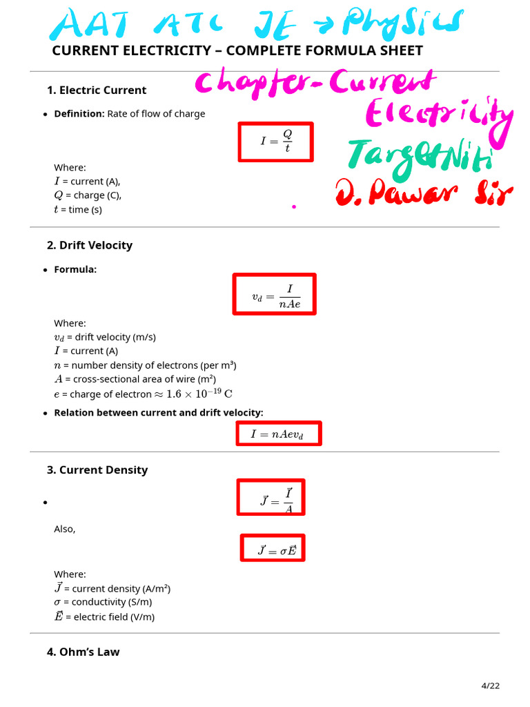 Current Electricity Formula Sheet | PDF | Electrical Resistivity And ...