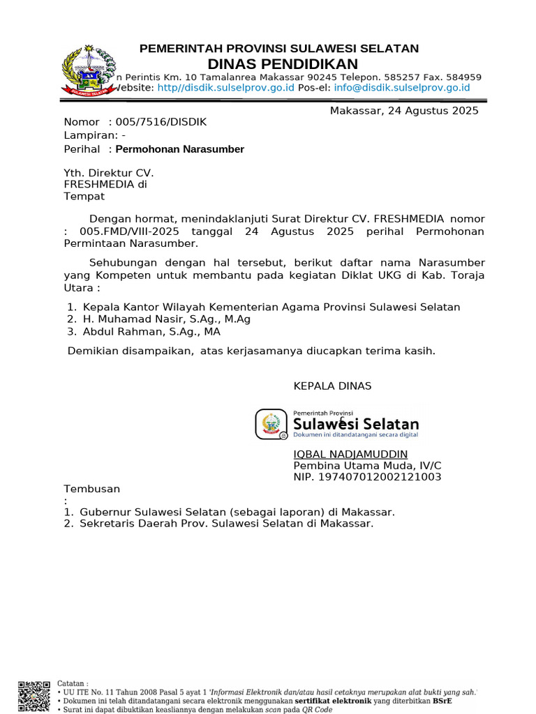 Undangan Permohonan Narasumber Kegiatan Bimtek UKG PAI Kab. Toraja ...