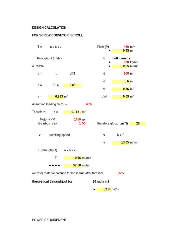 Screw Conveyor Design Calculations | PDF