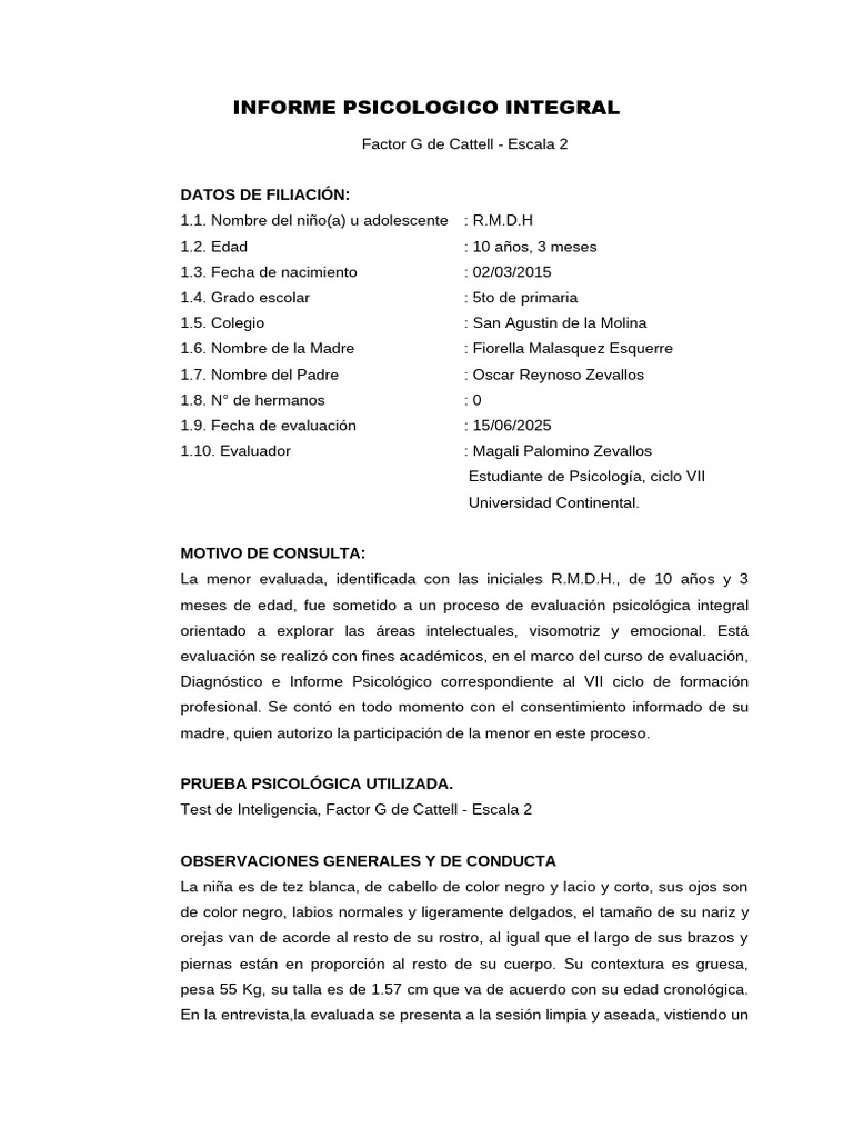 Informe - Factor G de Catell Escala Ii | PDF | Las emociones | Sicología