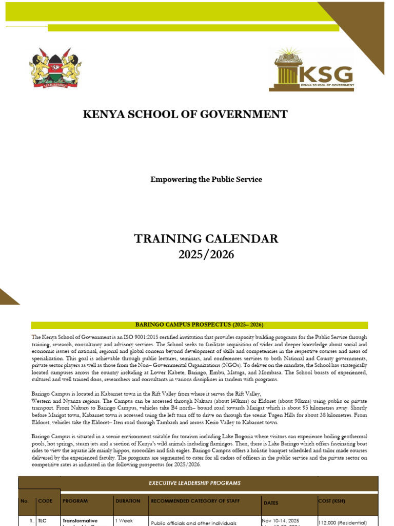 KSG Baringo Campus Training Calendar 2025 2026 | PDF