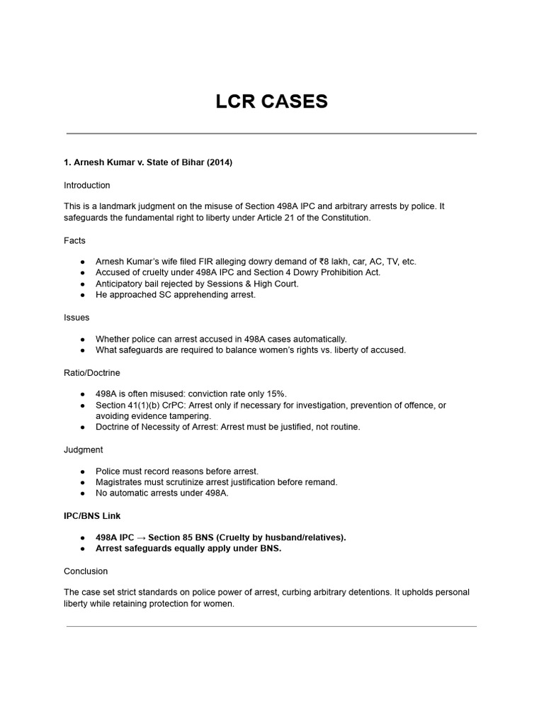 Landmark Indian Cases on Section 498A IPC | PDF | Arrest | Justice