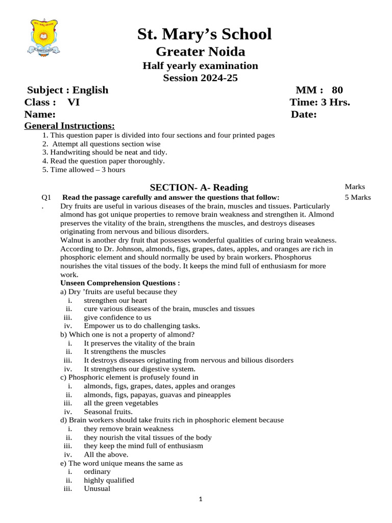 Question Paper Class 6 English Half Yearly | PDF | Verb | Linguistics