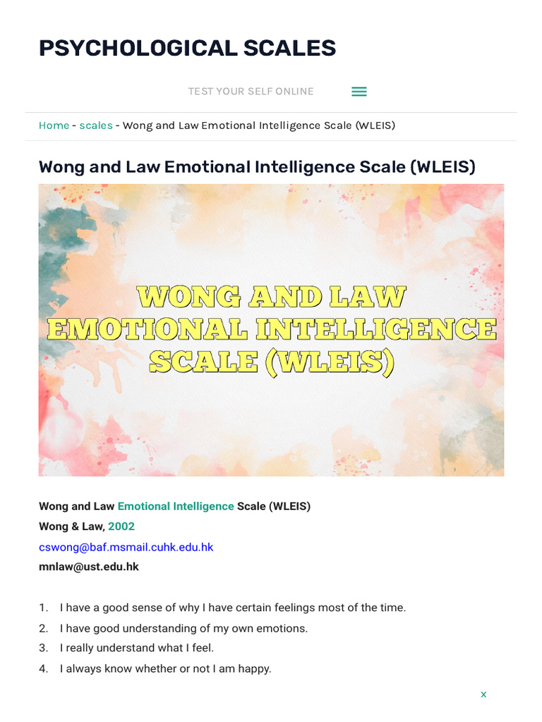 Wong & Law Emotional Intelligence Scale | PDF | Emotions | Emotional ...