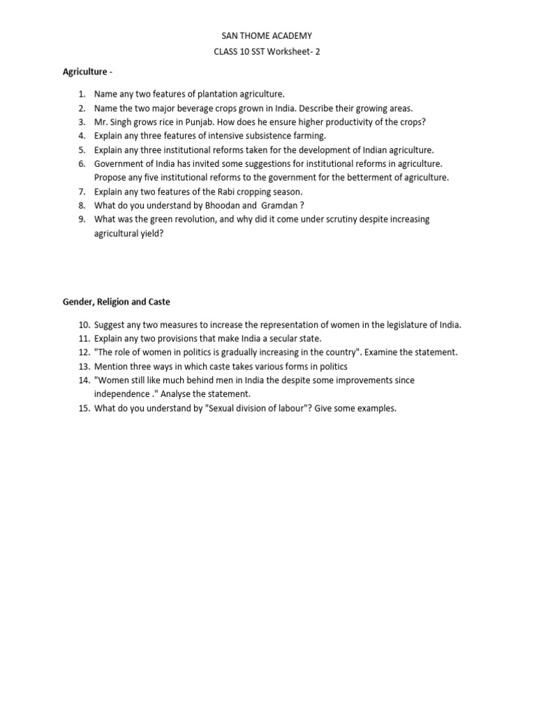 Class 10 Sst Worksheet -2 | PDF