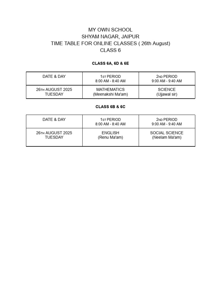 Time Table For Class 6 (26 August 2025) | PDF