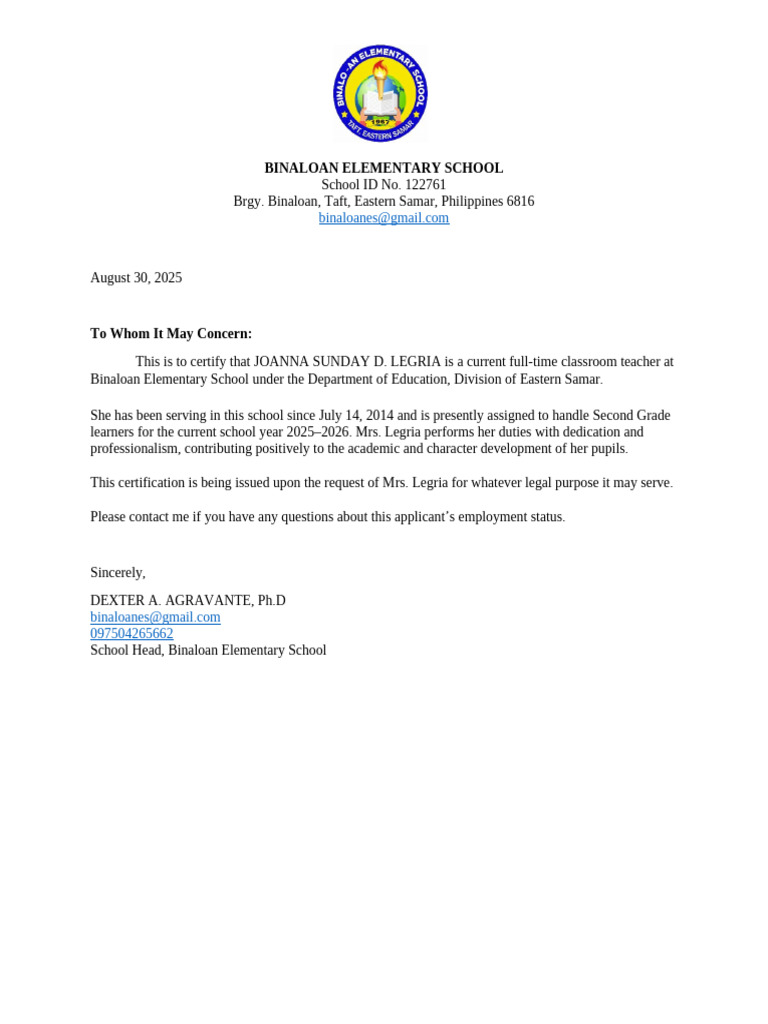 Letter Verifying Full-Time Teaching | PDF