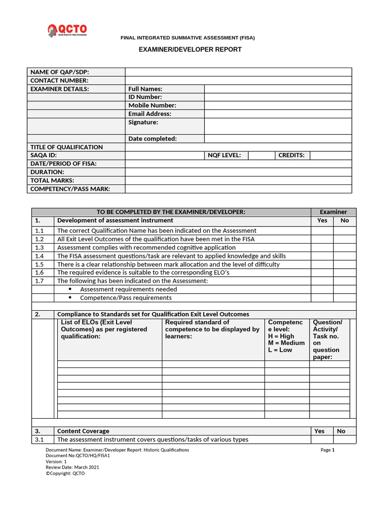 FISA Examiner/Developer Report Guide | PDF | Educational Assessment