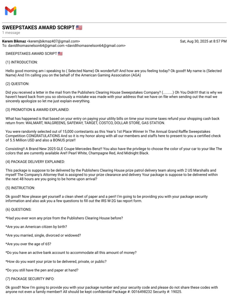 Gmail - SWEEPSTAKES AWARD SCRIPT ?? | PDF | Taxes | Internal Revenue Service