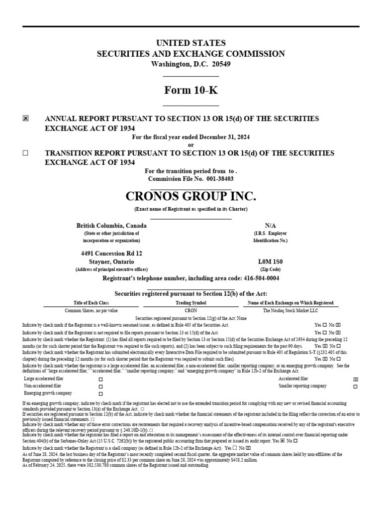 Cronos FY 2024 10-K - Filing | PDF | Form 10 K | Controlled Substances Act