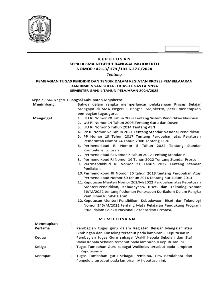 SK Pembagian Tugas SMABA 2024-2025 SMT GANJIL | PDF