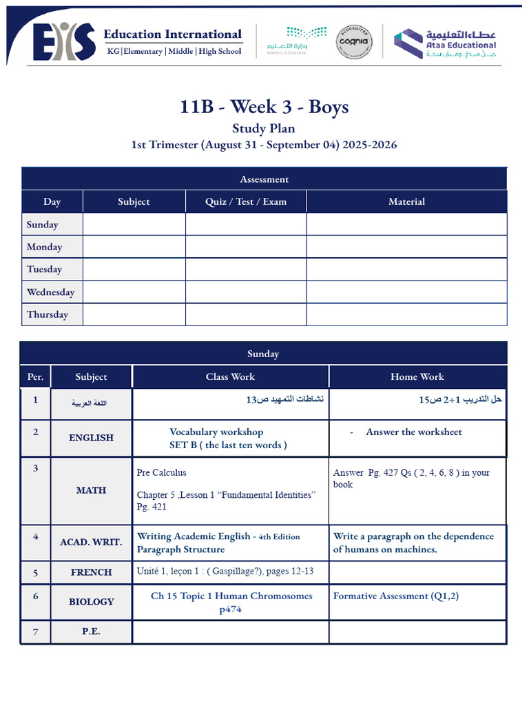 11B - Week 3 Study Plan - Boys | PDF