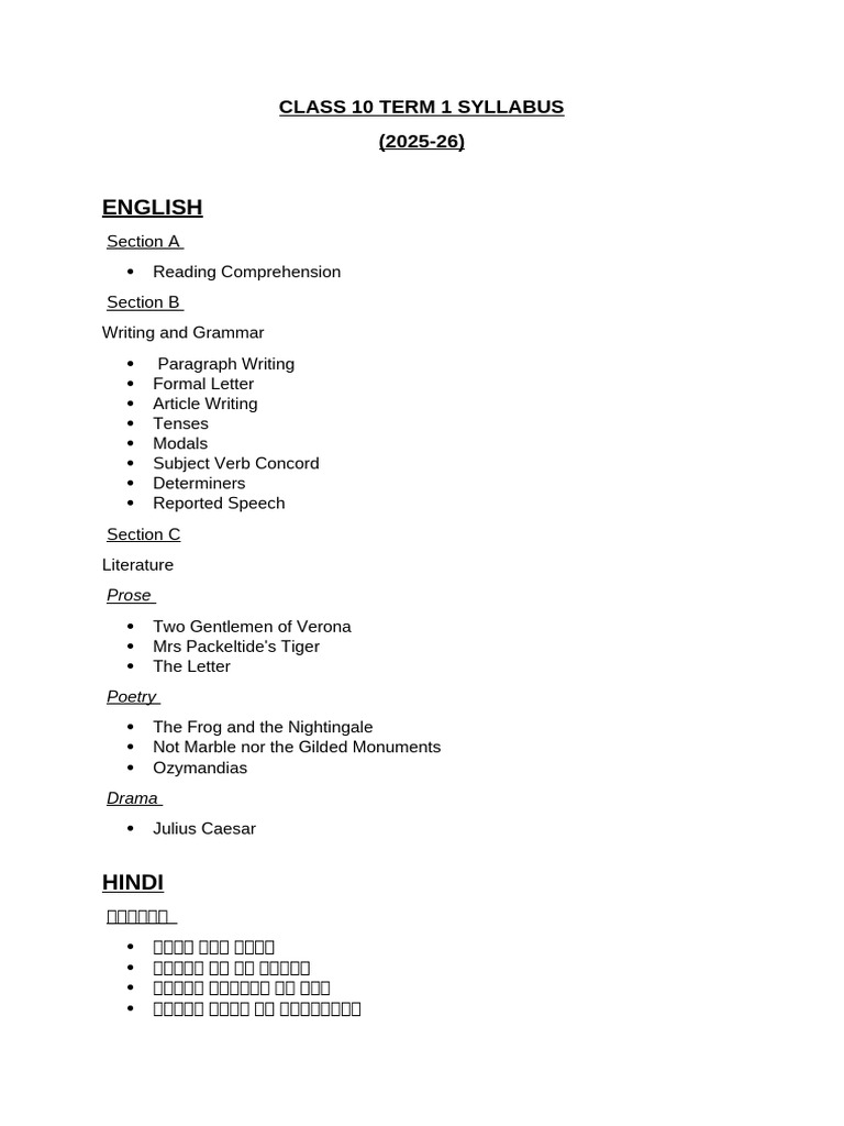 Class 10 Term 1 Syllabus (25-26) | PDF