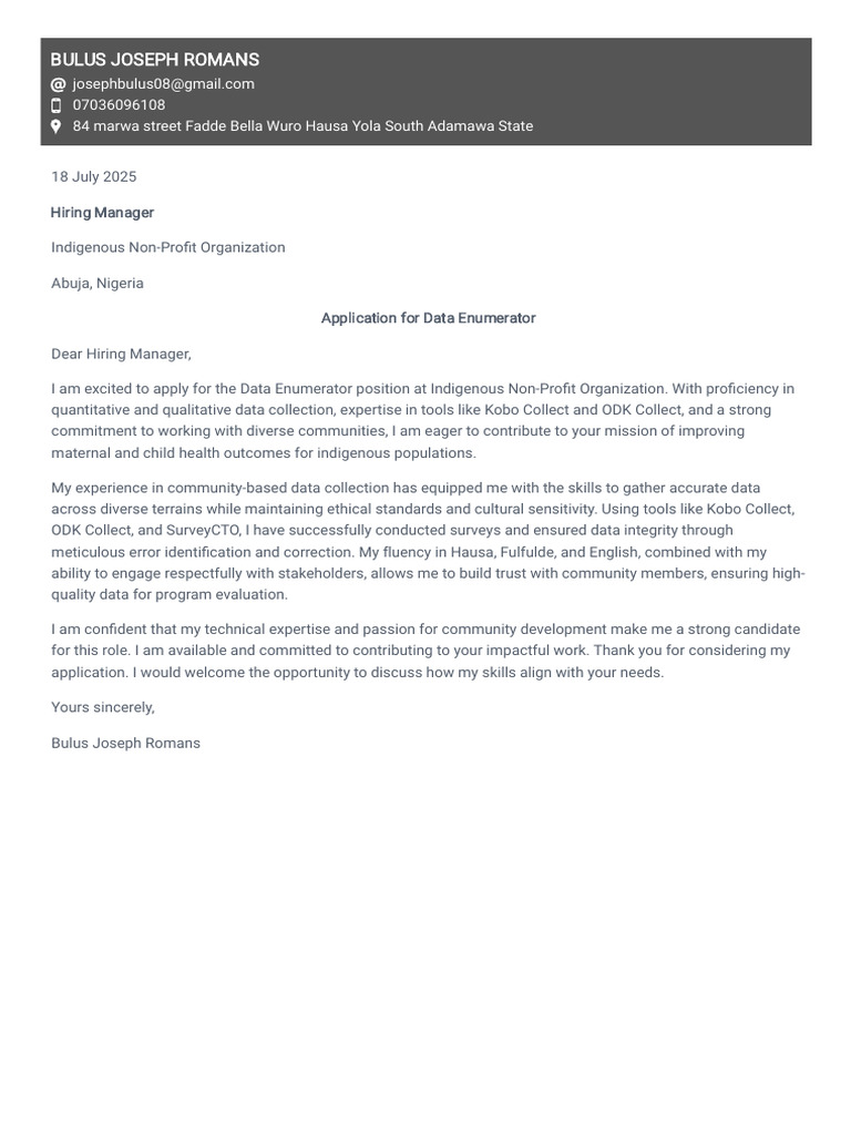 Cover Letter for Data Enumerator Role | PDF