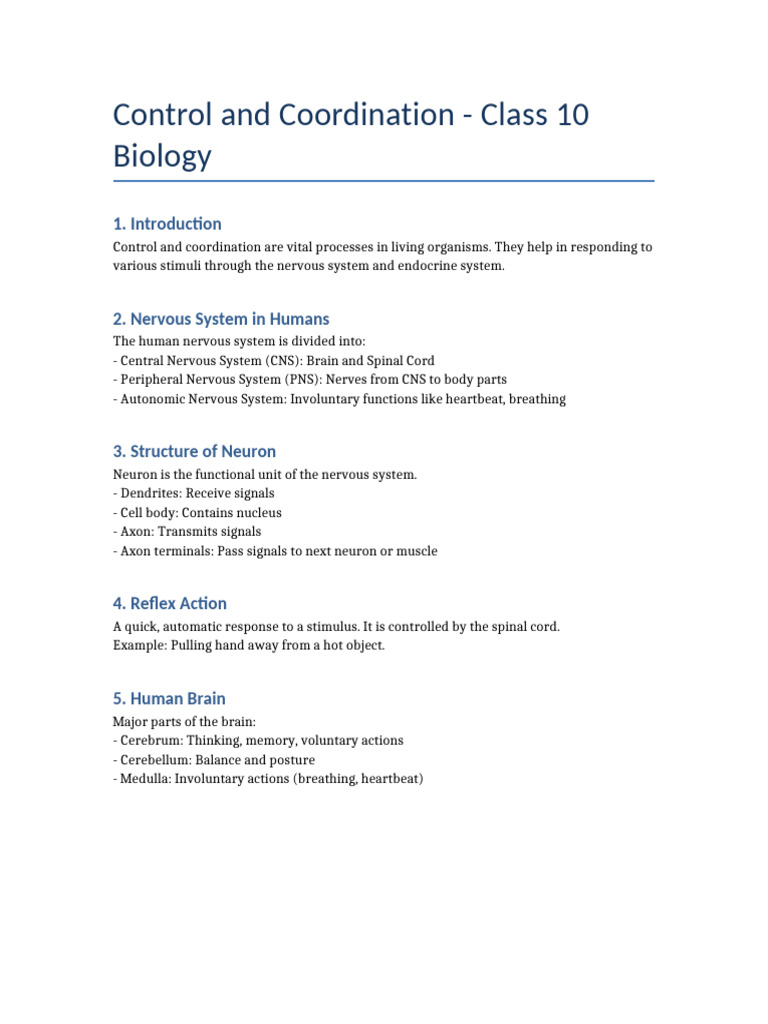 Control and Coordination Class 10 Notes | PDF
