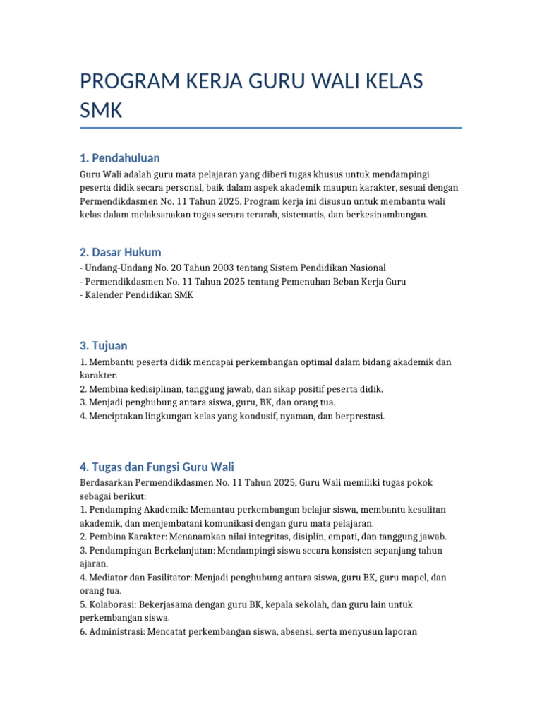 Program Kerja Guru Wali Kelas SMK | PDF