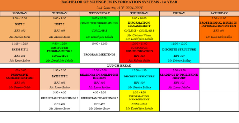 Student Copy Class Sched 2nd Sem 2024 2025 Bsis | PDF