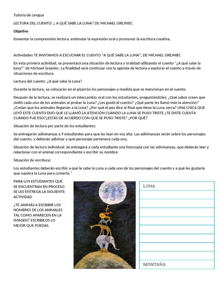 Actividades de Comprensión: A qué sabe la Luna | PDF