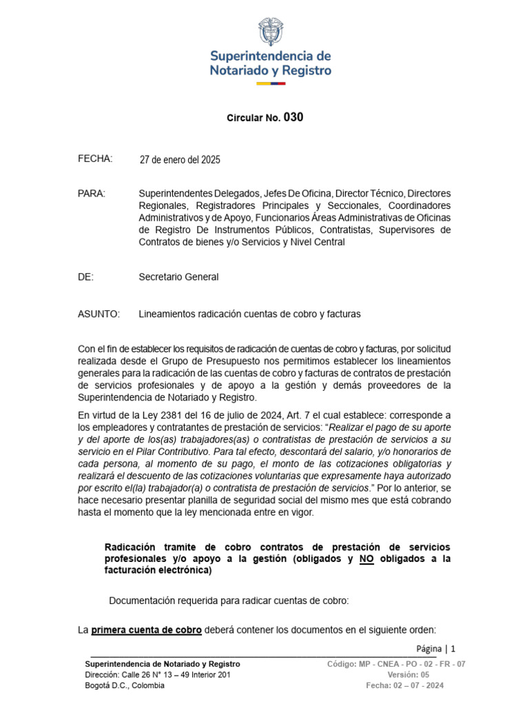 Circular No. 030 Del 27-01-2025 - Lineamientos Radicación Cuentas de Cobro y Facturas 2025 | PDF ...