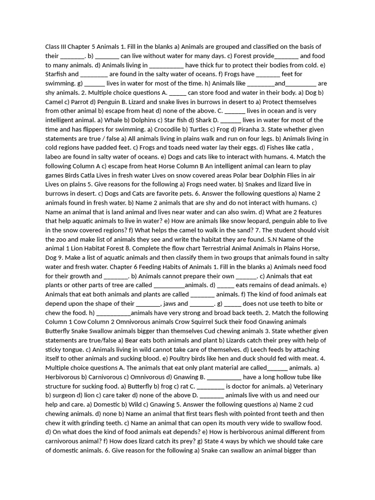 Class III Chapter 5 Animals 1 | PDF | Tooth | Foods