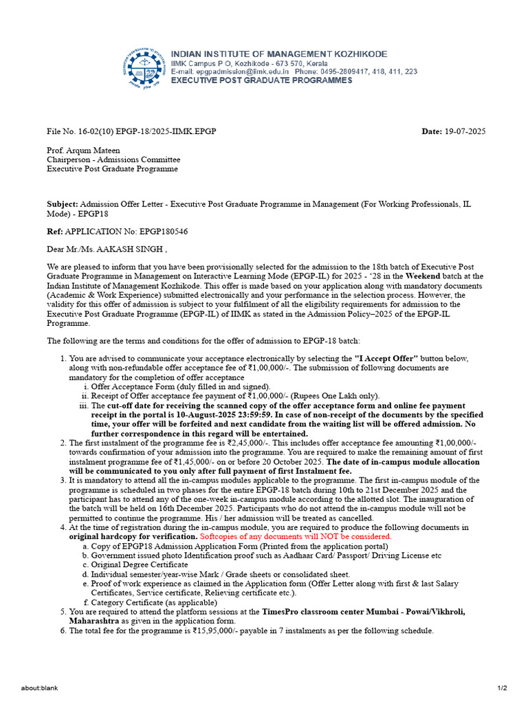 IIMK Admission Offer Letter | PDF