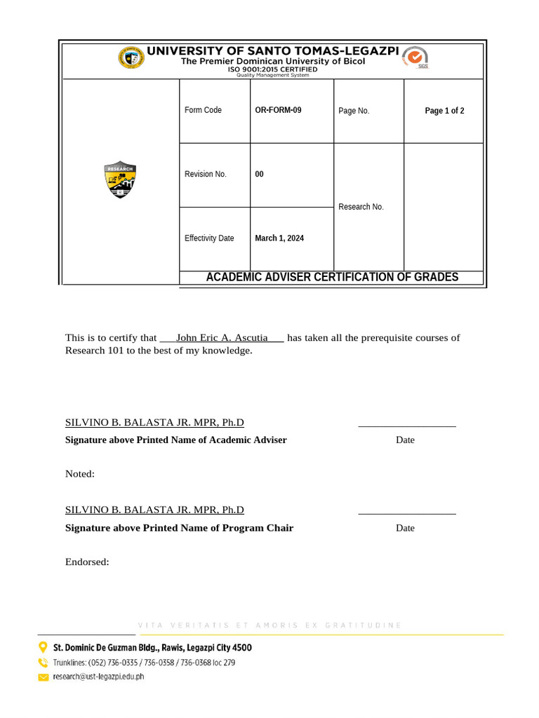 Academic Adviser Grade Certification | PDF