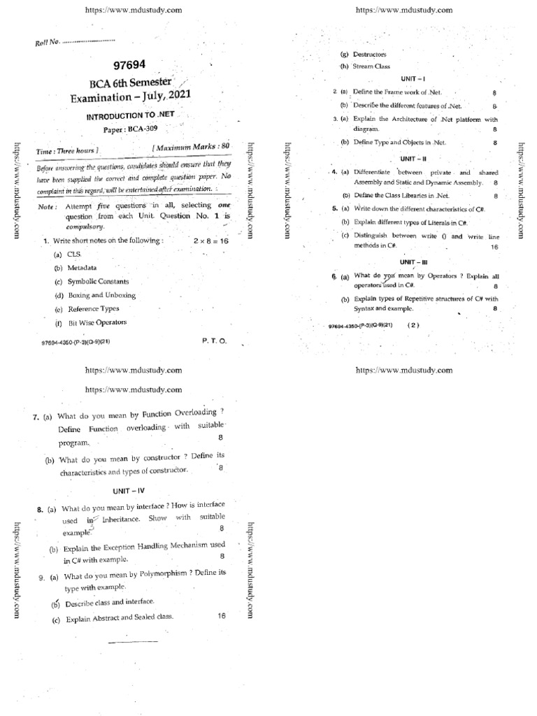 Bca 6 Sem Introduction To Dot Net 97694 Jul 2021 | PDF