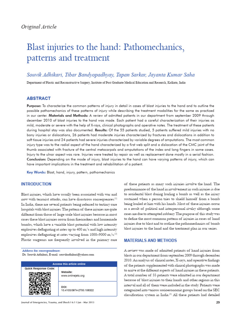 Blast Hand Injuries: Patterns & Treatment | PDF | Thumb | Hand