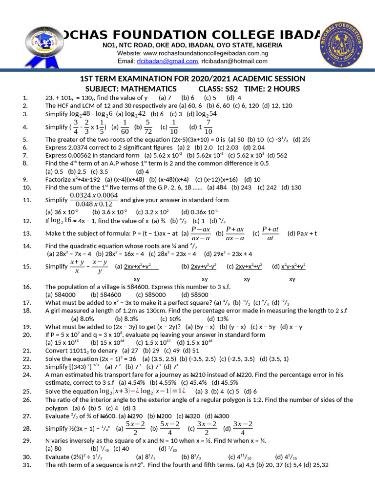 SS2 Math, SS3 F Math, SS 1 F. Math | PDF | Logarithm | Square Root