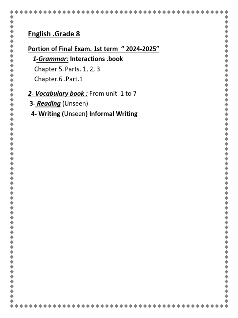 Portion of Grade 8final Exam of 1st Term 2024-2025 | PDF