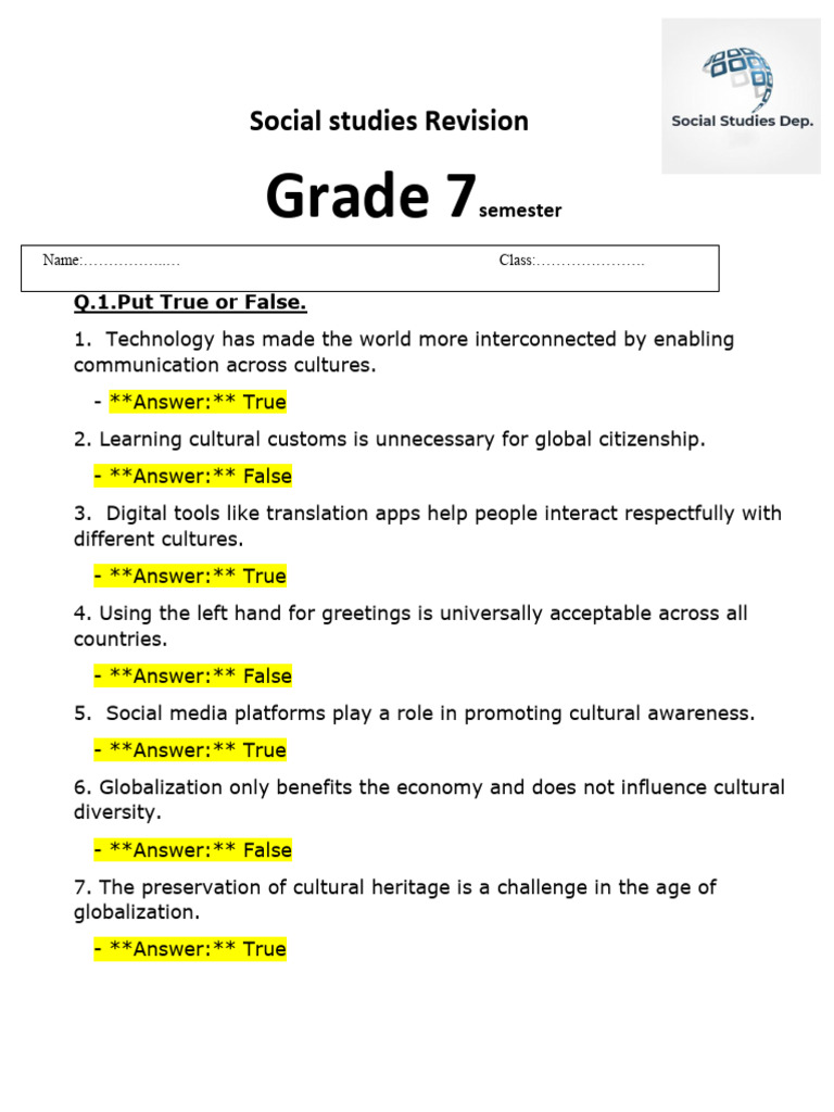 Grade 7 Social Studies Revision Guide | PDF | Cultural Diversity ...