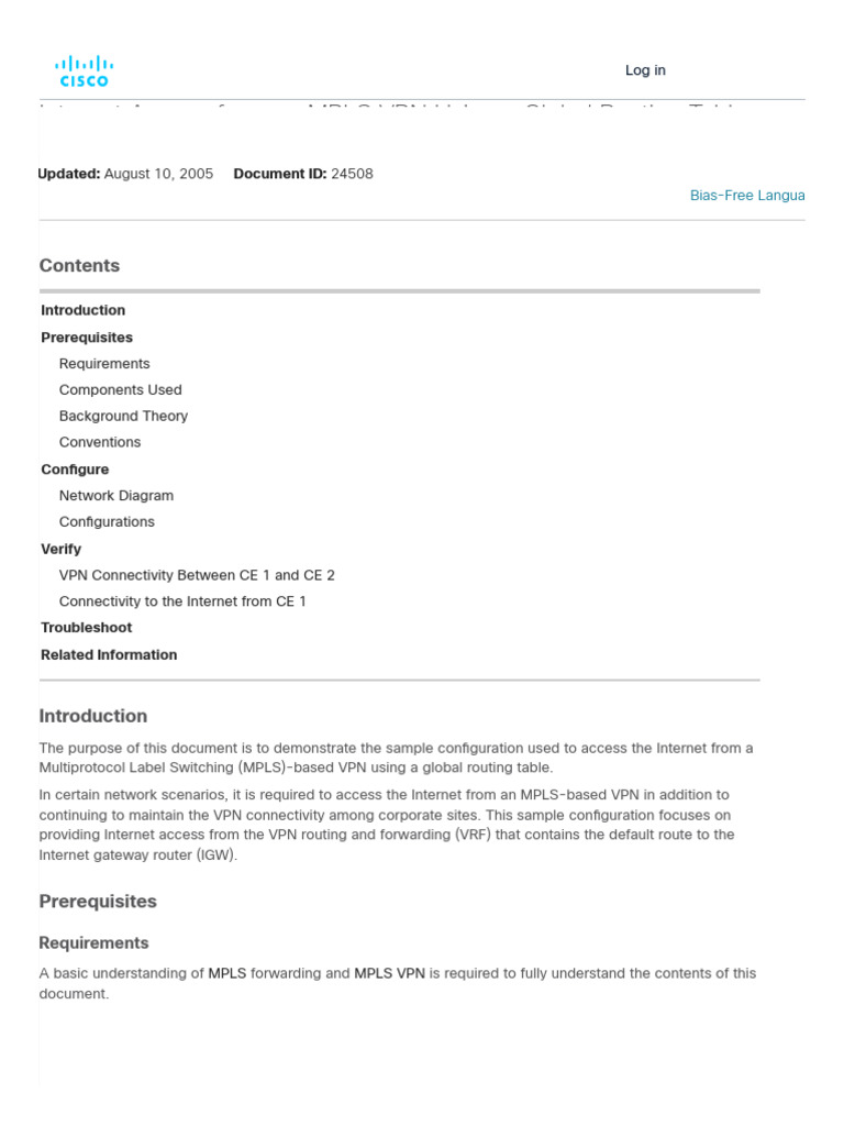 Internet Access From An MPLS VPN Using A Global Routing Table - Cisco ...