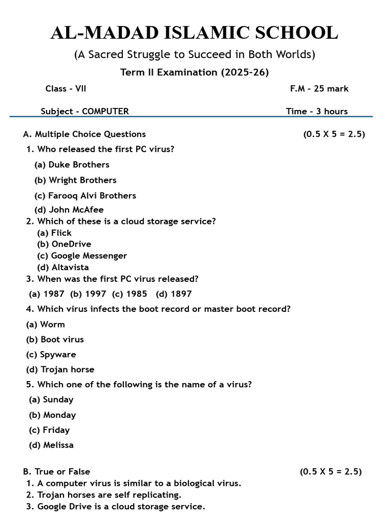 Class VII Computer Exam 2025-26 | PDF | Computer Virus | Computing