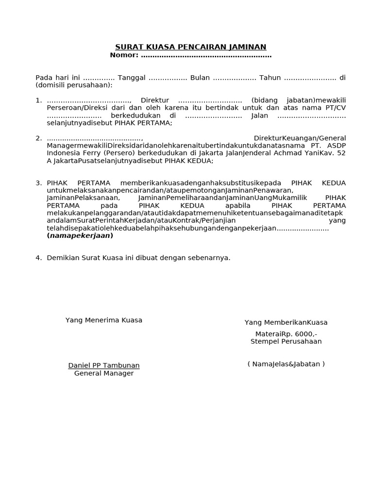 Surat Kuasa Pencairan Jaminan | PDF