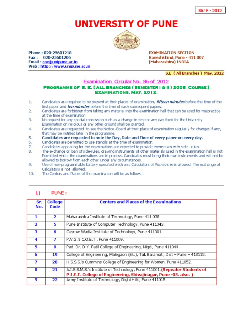 University of Pune: Examination Circular No. 86 of 2012 | PDF ...
