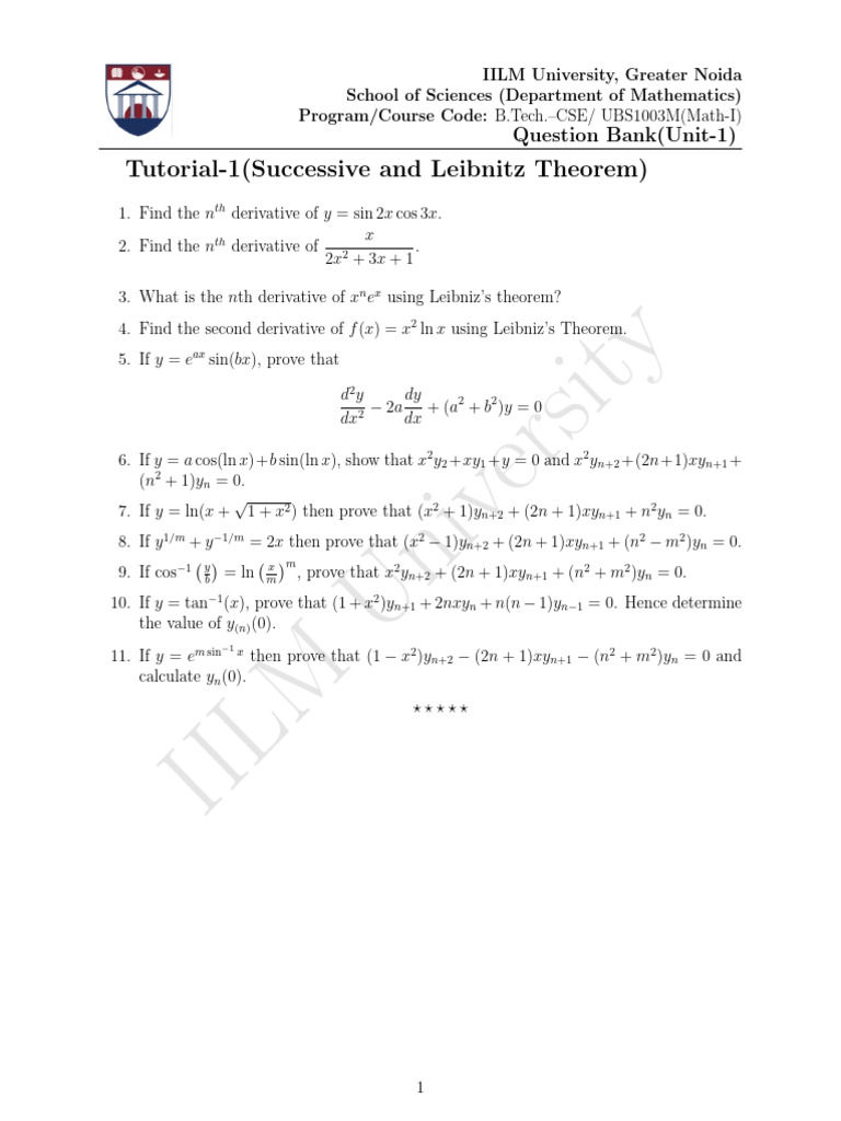 Tute-1 - Unit-1 - UBS 1003M - Maths-1 - Sem-1 - AY2025-26 | PDF
