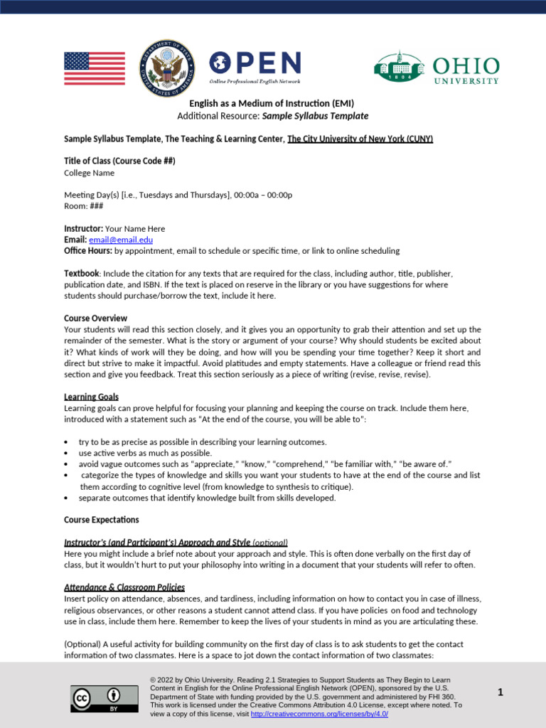 Module 2-Resource-Sample Syllabus Template | PDF | Academic Integrity ...