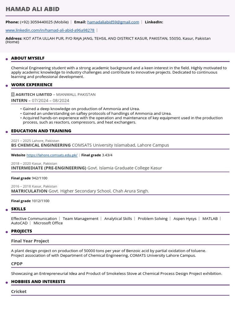Chemical Engineering Student Profile | PDF