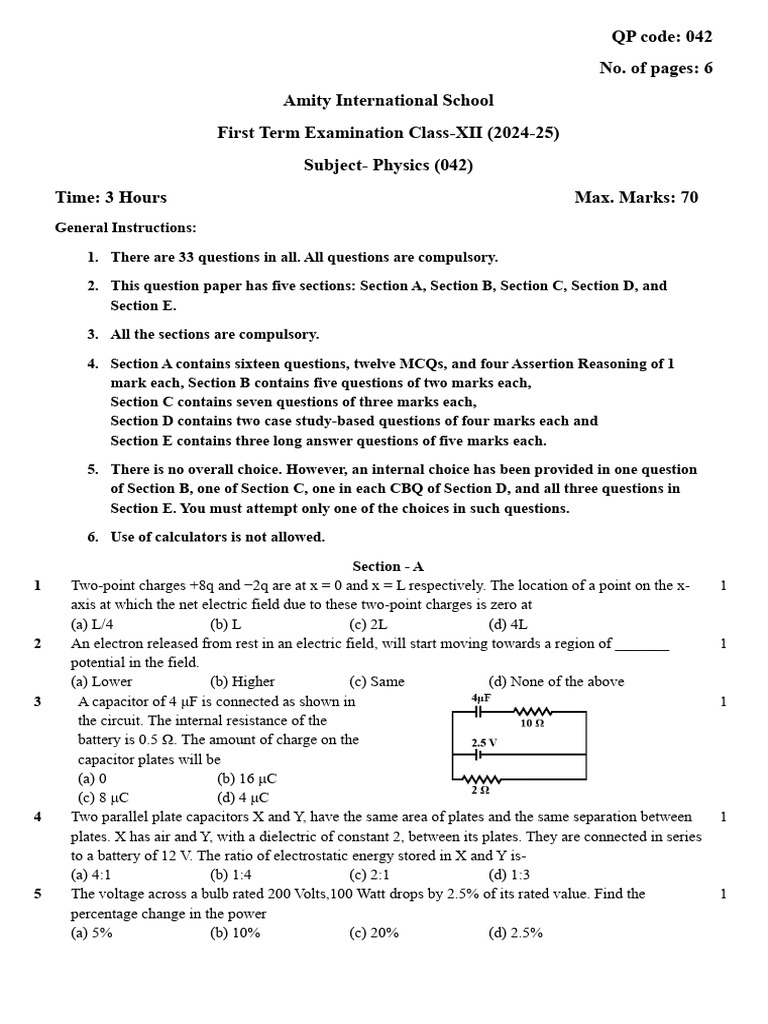 Physics QP Class t1 2024 | PDF | Transformer | Capacitor
