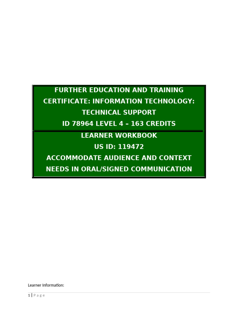 SAQA - 119472 - Learner Workbook | PDF | Body Language | Team Building