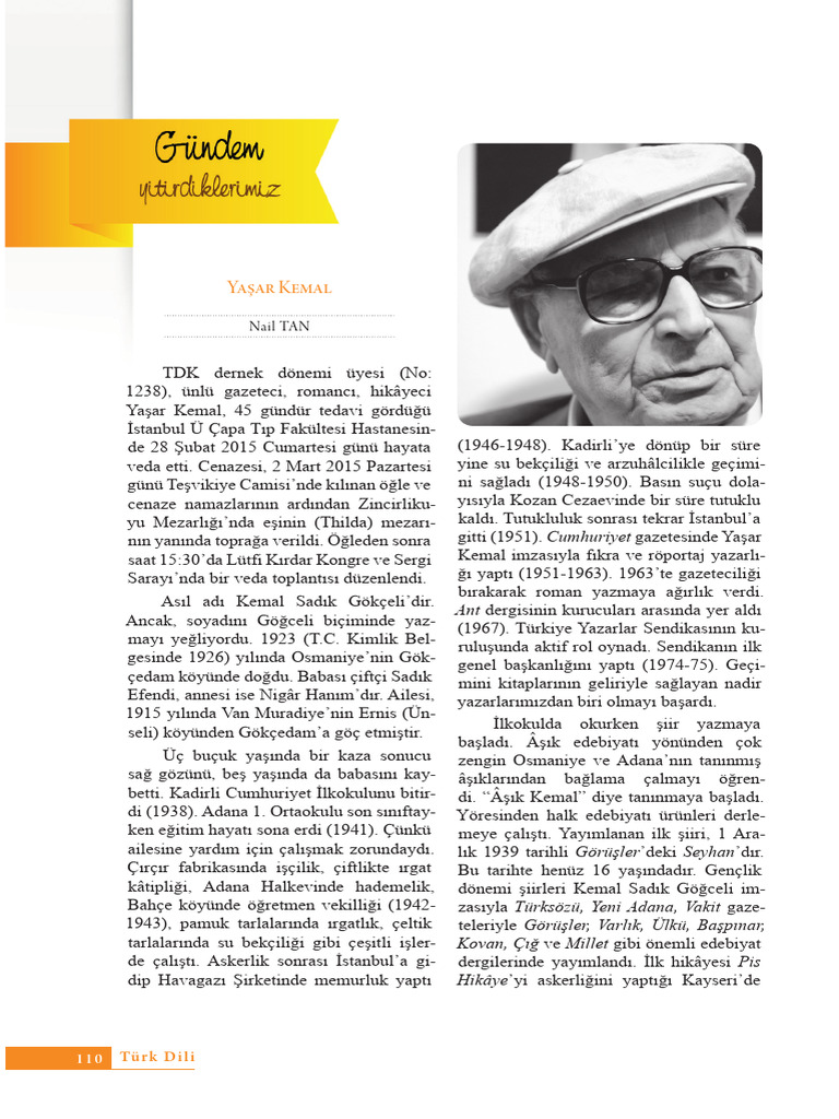 Yaşar Kemal: TDK Dernek Dönemi Üyesi (No | PDF