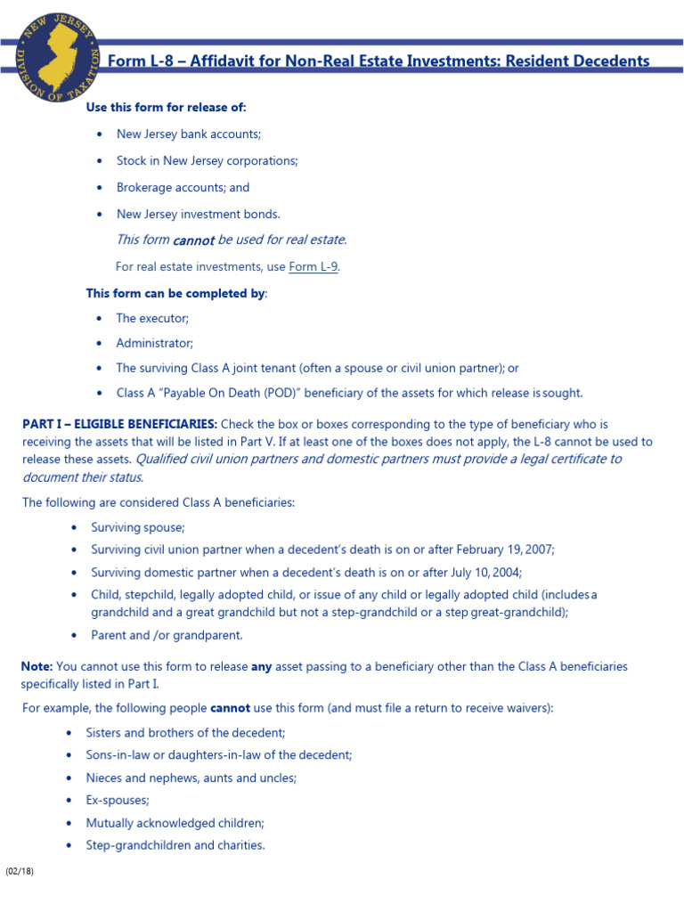 NJ Form L-8: Non-Real Estate Affidavit | PDF | Estate Tax In The United ...