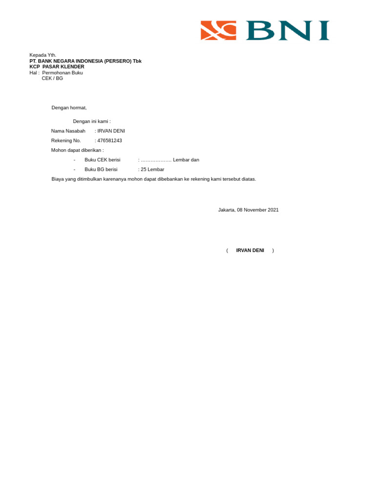 Form Cek BG Bni | PDF